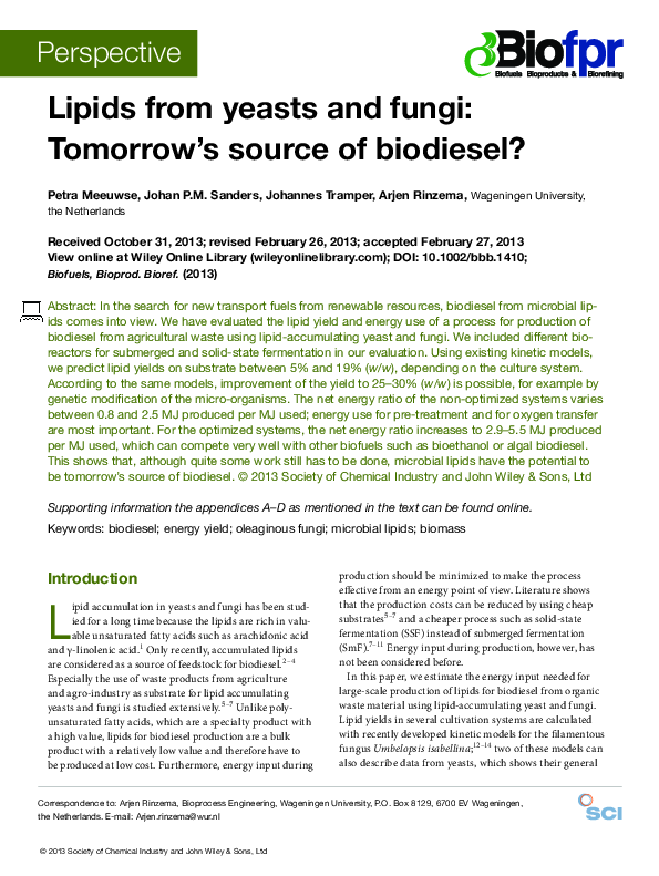 (PDF) Lipids from yeasts and fungi: Tomorrow's source of biodiesel?