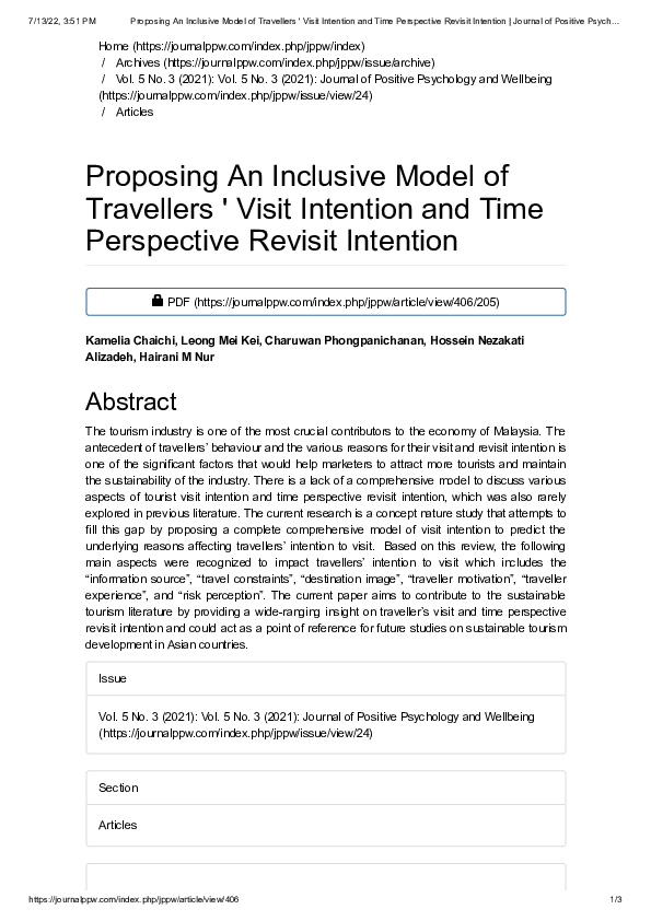 (PDF) Proposing An Inclusive Model of Travellers ' Visit Intention and ...