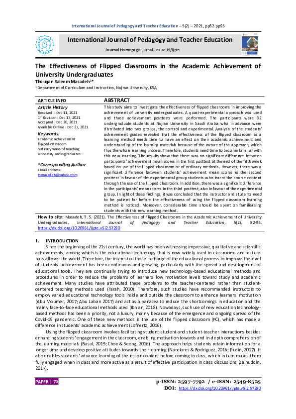 Pdf The Effectiveness Of Flipped Classroom On The Academic Achievement Of University