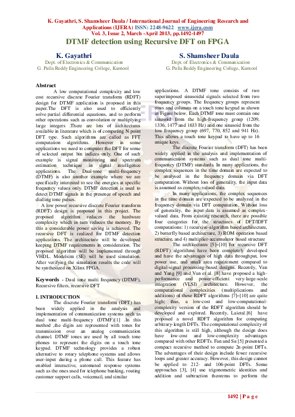 (PDF) DTMF detection using Recursive DFT on FPGA K . Gayathri | Shamsheer Daula - Academia.edu