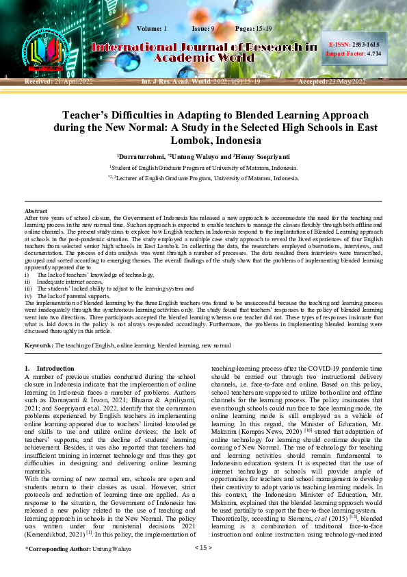 (PDF) Teacher's Difficulties in Adapting to Blended Learning Approach ...