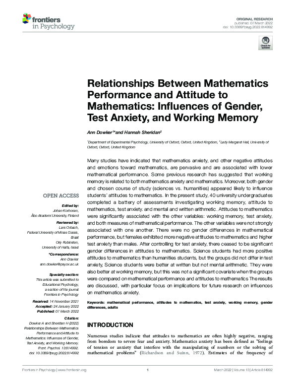 (PDF) Relationships Between Mathematics Performance and Attitude to Mathematics: Influences of ...