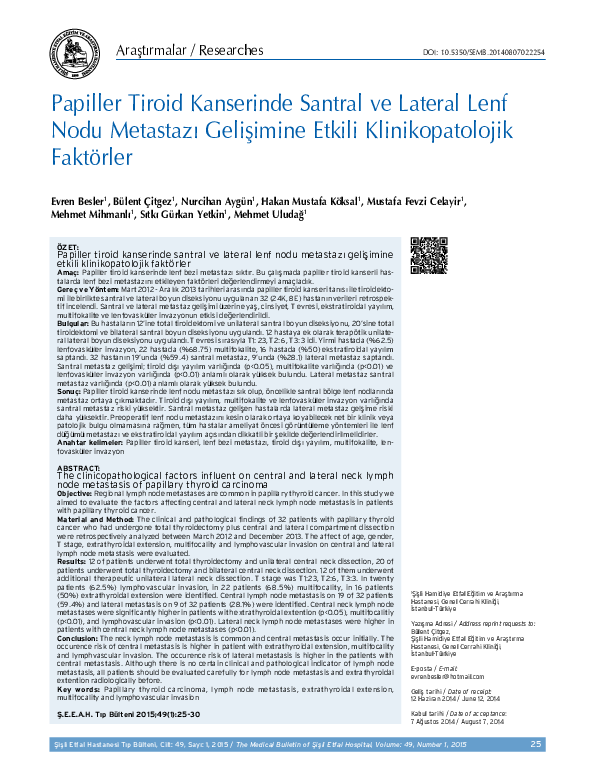 (PDF) Papiller Tiroit Kanserinde Santral ve Lateral Lenf Nodu Metastazı Gelişimine Etkili ...