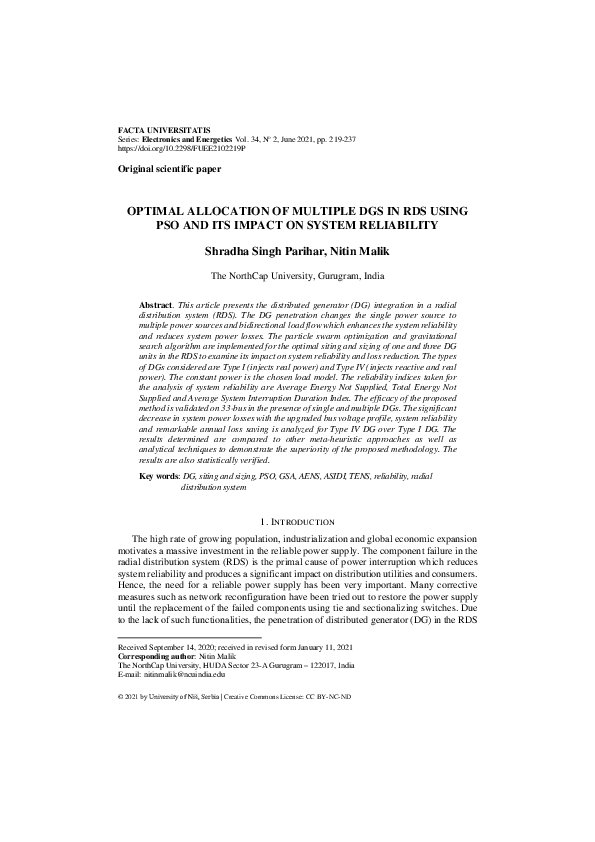 Pdf Optimal Allocation Of Multiple Dg In Rds Using Pso And Its Impact On System Reliability