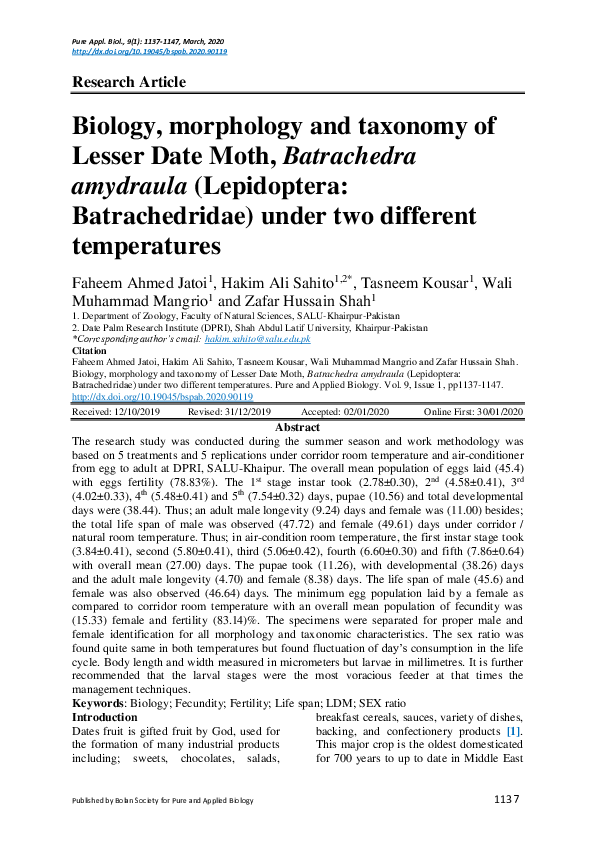 (PDF) Biology, morphology and taxonomy of Lesser Date Moth, Batrachedra ...