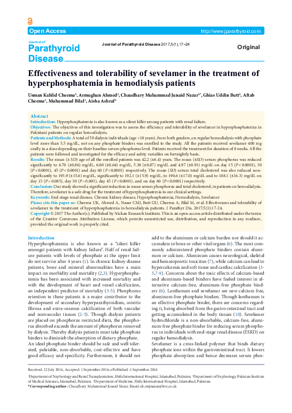 (PDF) Effectiveness and tolerability of sevelamer in the treatment of ...