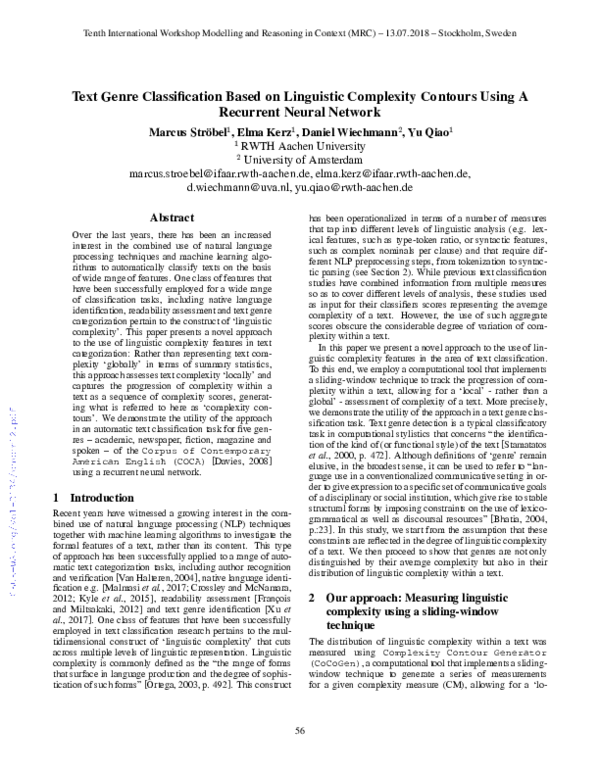 (PDF) Text Genre Classification Based on Linguistic Complexity Contours Using A Recurrent Neural ...