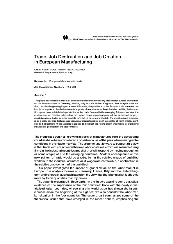 (PDF) Trade, Job Destruction and Job Creation in European Manufacturing