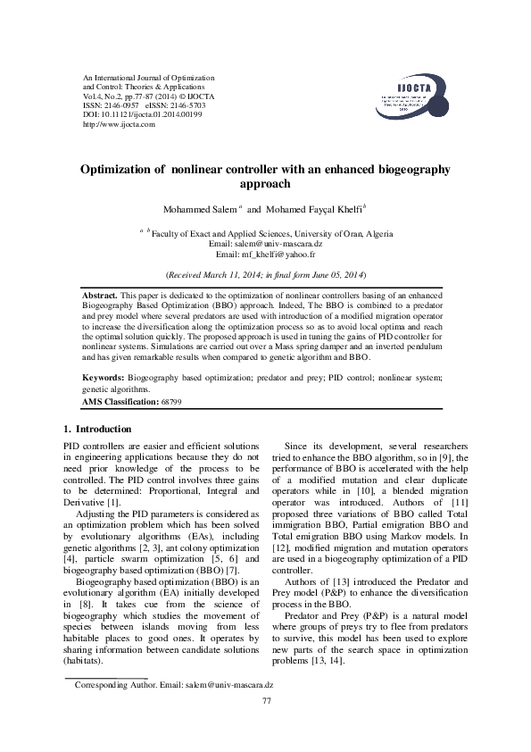 Pdf Optimization Of Nonlinear Controller With An Enhanced Biogeography Approach