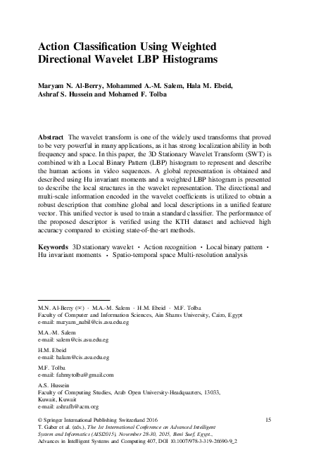 Pdf Action Classification Using Weighted Directional Wavelet Lbp Histograms