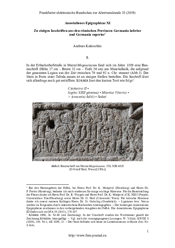 (PDF) Annotationes Epigraphicae XI. Zu einigen Inschriften aus den ...