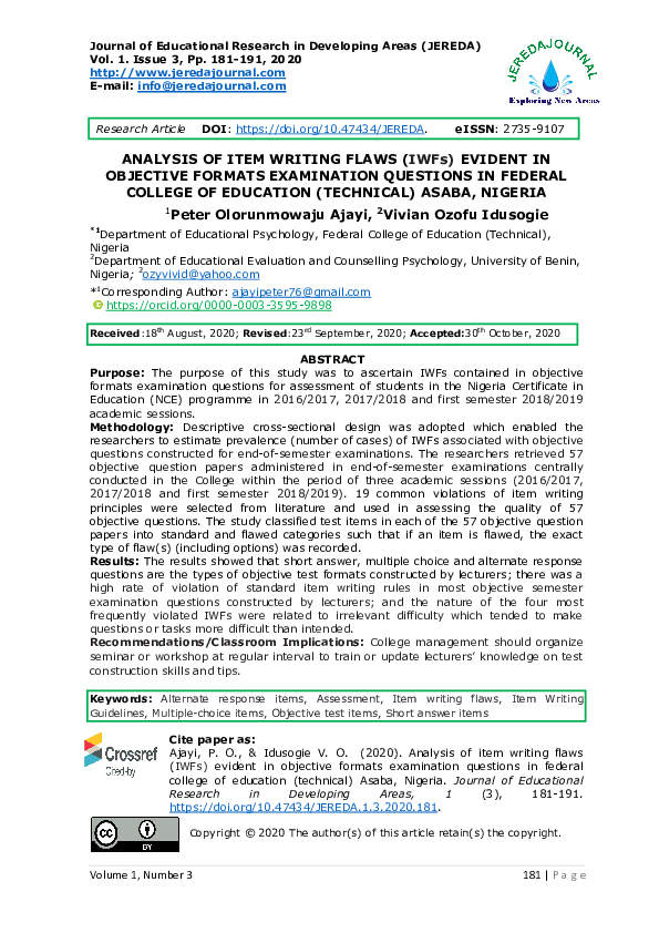 (PDF) Analysis of item writing flaws (IWFs) evident in objective ...
