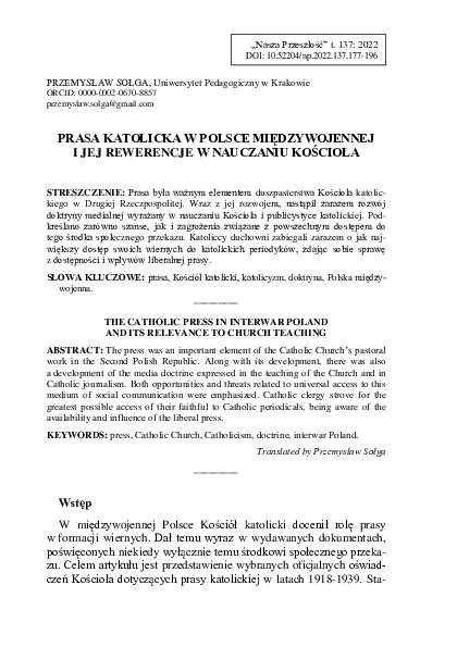(PDF) Prasa katolicka w Polsce międzywojennej i jej rewerencje w nauczaniu Kościoła