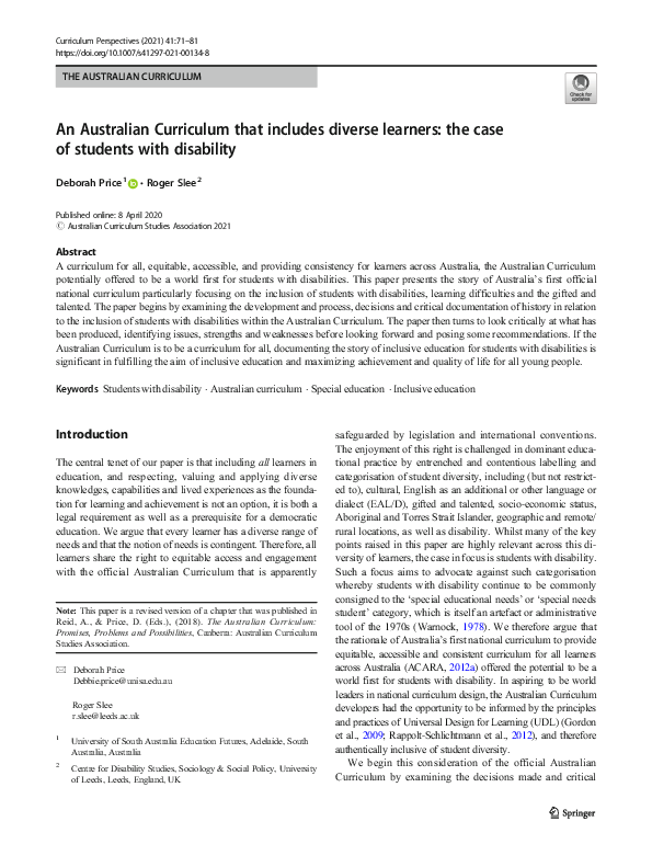 (PDF) An Australian Curriculum that includes diverse learners: the case ...