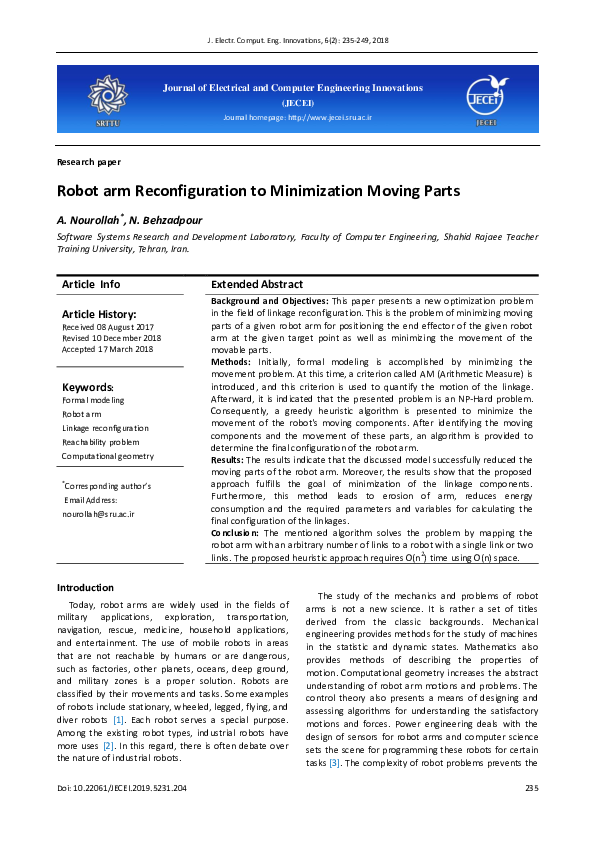 (PDF) Robot Arm Reconfiguration to Minimization Moving Parts