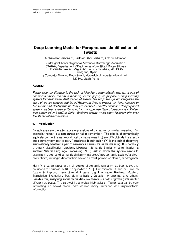 (PDF) Deep Learning Model for Paraphrases Identification of Tweets