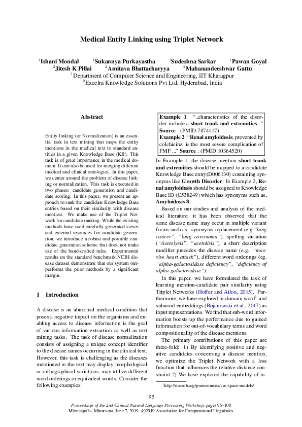 (PDF) Medical Entity Linking using Triplet Network