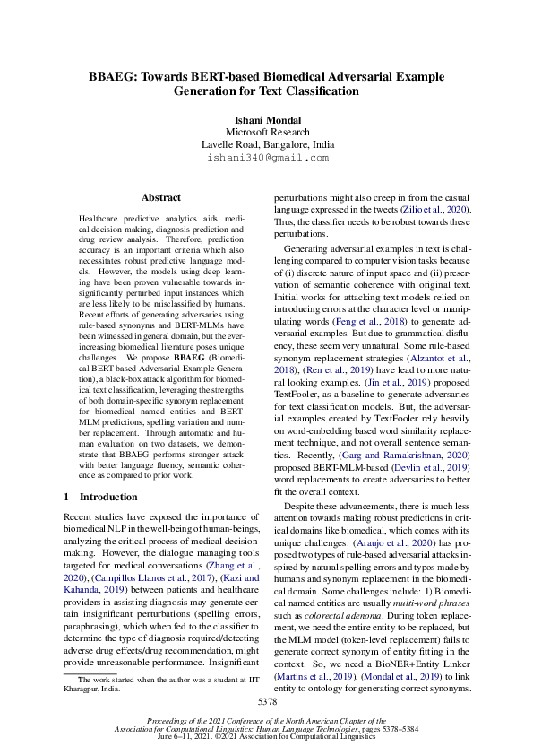 (PDF) BBAEG: Towards BERT-based Biomedical Adversarial Example Generation for Text Classification