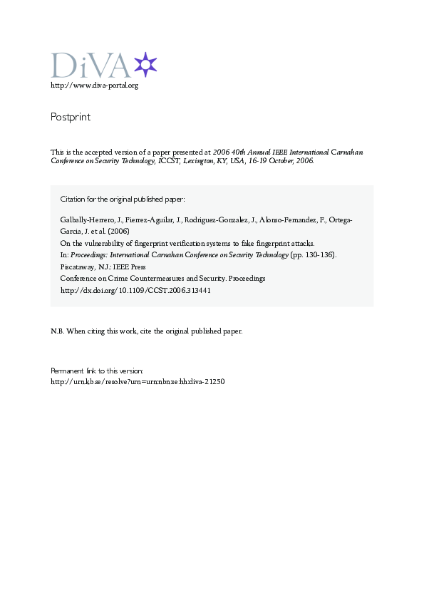 (PDF) On the Vulnerability of Fingerprint Verification Systems to Fake Fingerprints Attacks