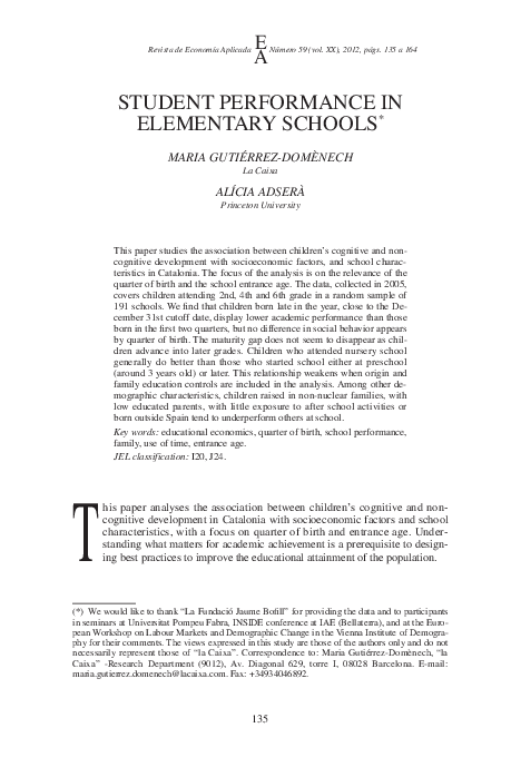 (PDF) Student performance in elementary schools