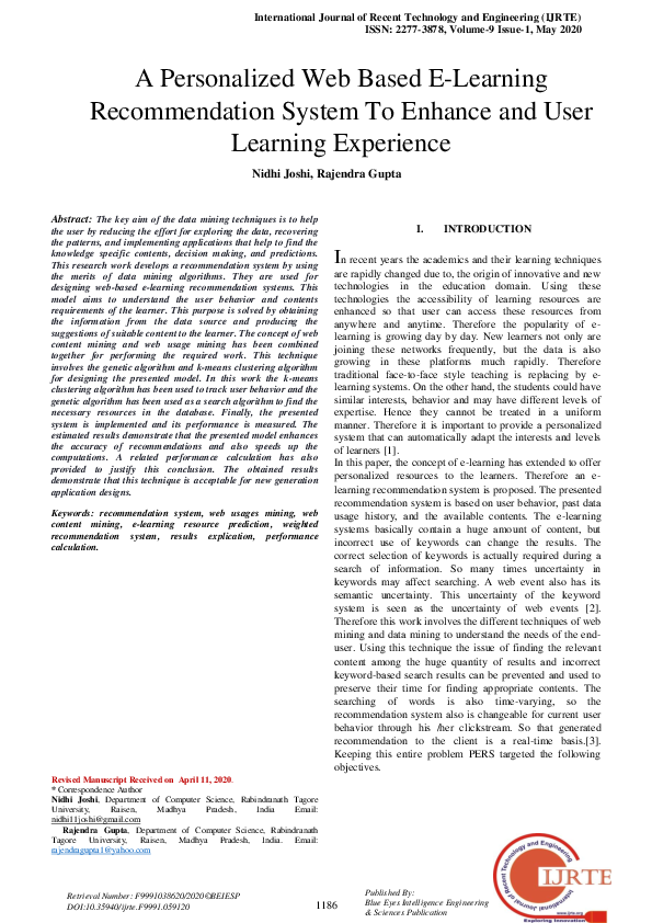 Pdf A Personalized Web Based E Learning Recommendation System To Enhance And User Learning
