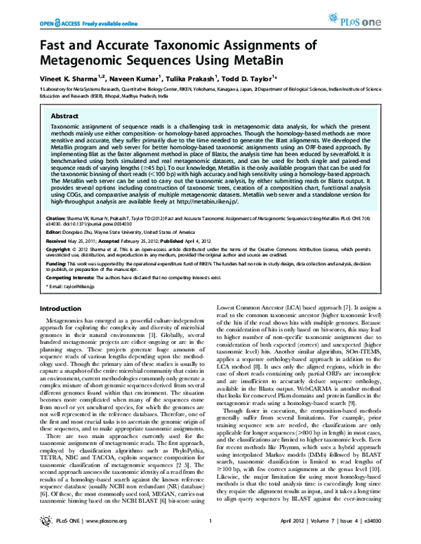 (PDF) Fast and accurate taxonomic assignments of metagenomic sequences ...