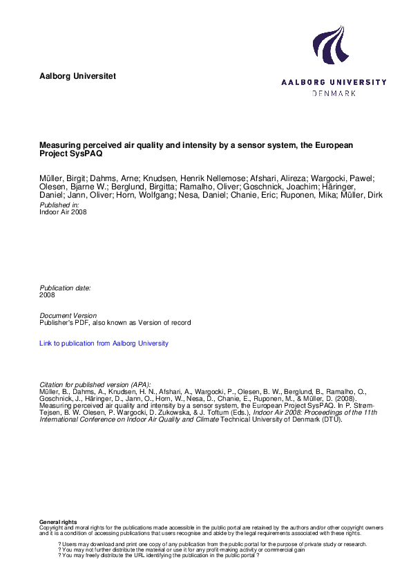 (PDF) Measuring Perceived Air Quality and Intensity by a Sensor System ...