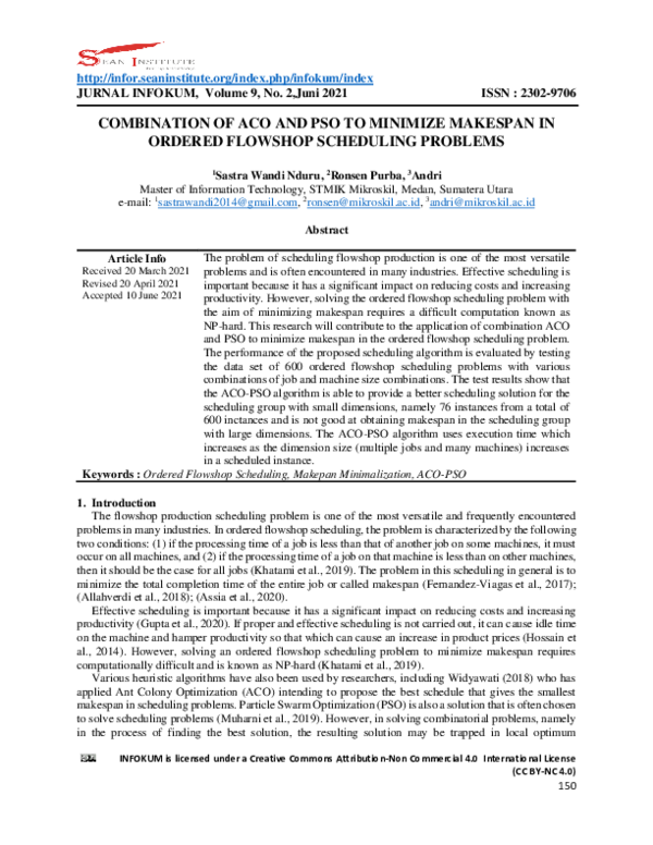 Pdf Combination Of Aco And Pso To Minimize Makespan In Ordered Flowshop Scheduling Problems