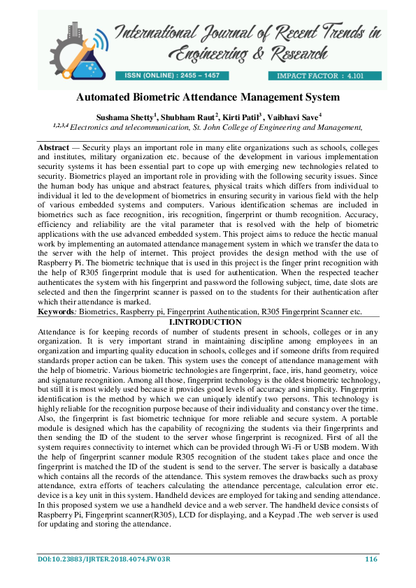 (PDF) Automated Biometric Attendance Management System