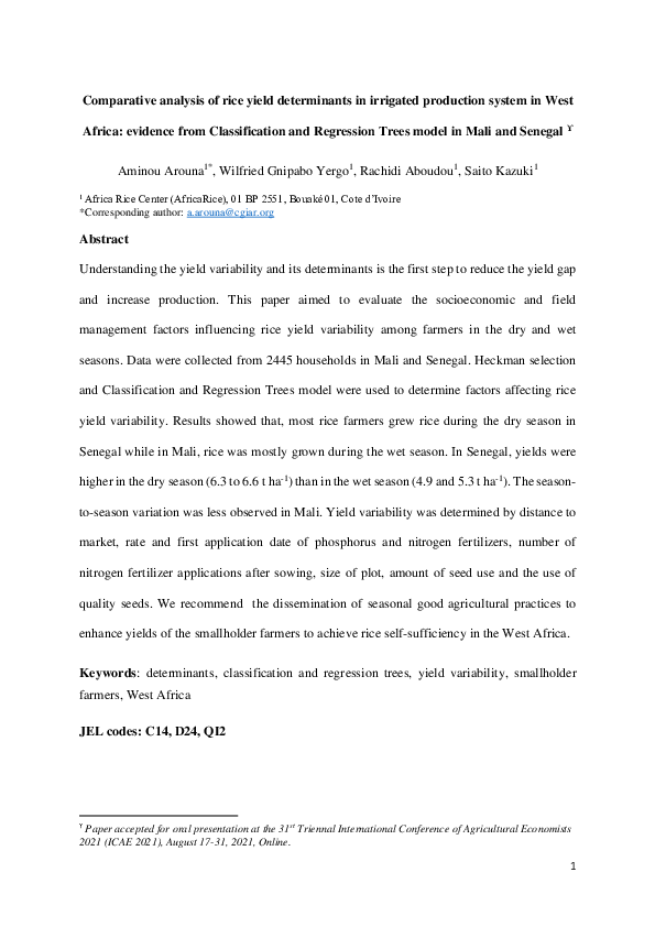 (PDF) Comparative Analysis of Rice Yield Determinants in Irrigated ...