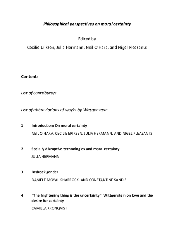 (PDF) Philosophical Perspectives on Moral Certainty Edited by Cecilie ...