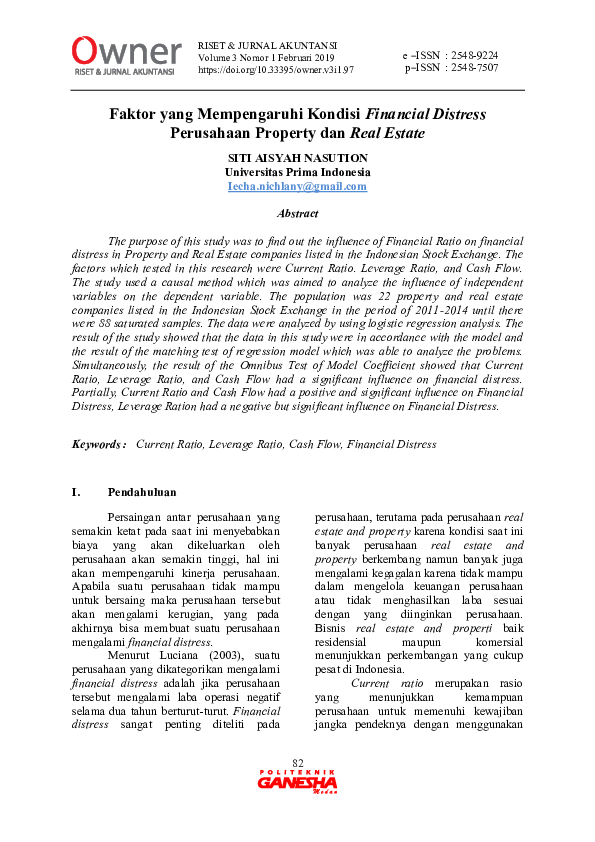 (PDF) Faktor yang Mempengaruhi Kondisi Financial Distress Perusahaan ...