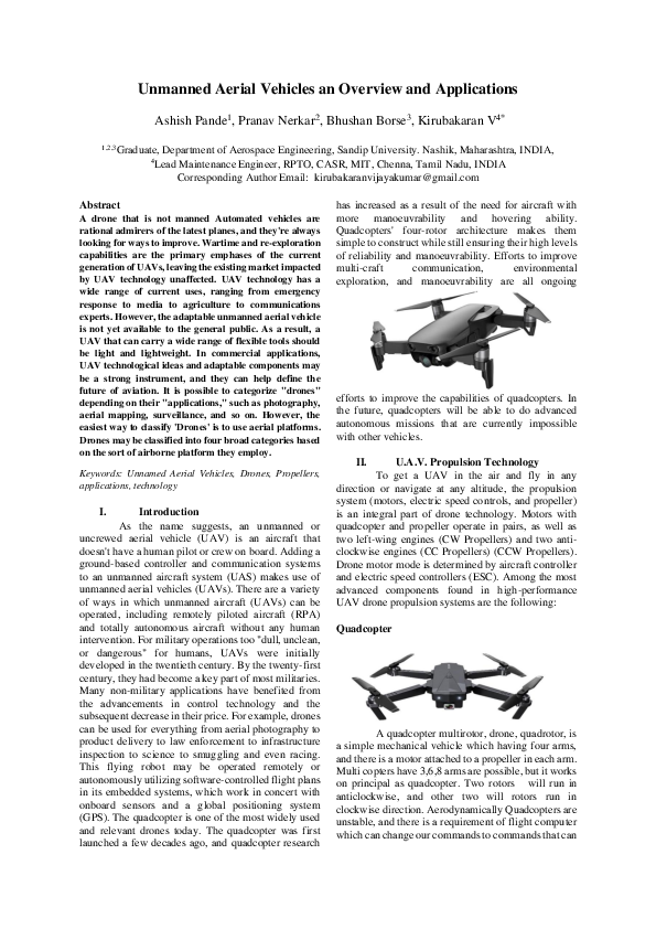 (PDF) Unmanned Aerial Vehicles an Overview and Applications