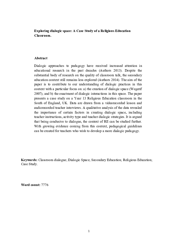 (DOC) Exploring dialogic space: a case study of a religious education classroom