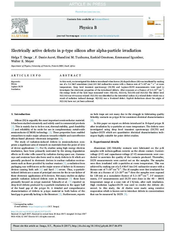 (PDF) Electrically active defects in p-type silicon after alpha ...