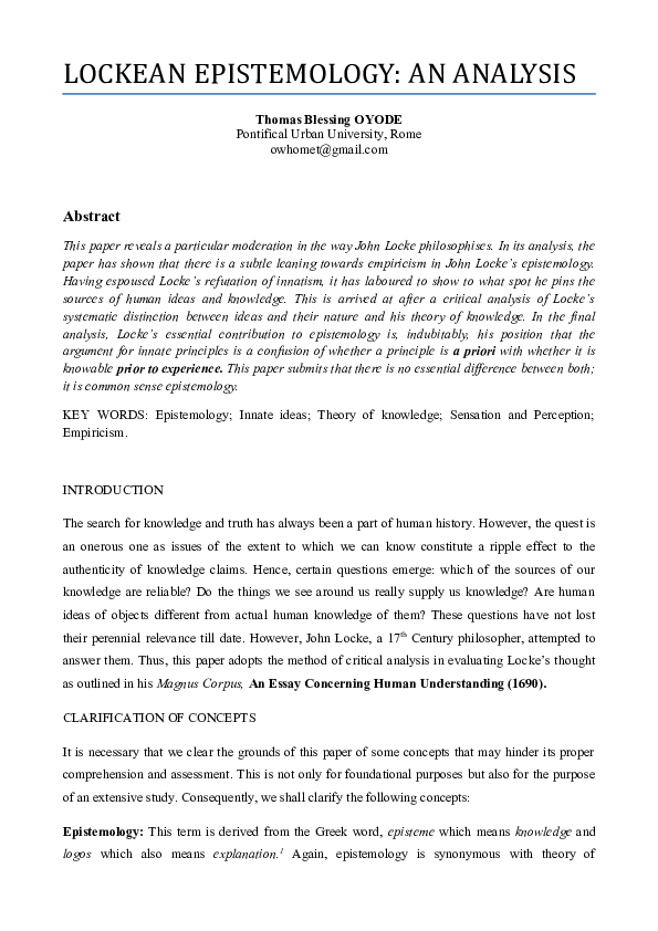 (DOC) LOCKEAN EPISTEMOLOGY: AN ANALYSIS