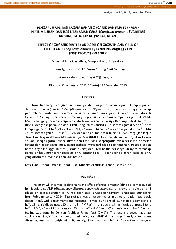 (PDF) Pengaruh Aplikasi Ragam Bahan Organik dan FMA terhadap Pertumbuhan dan Hasil Tanaman Cabai ...
