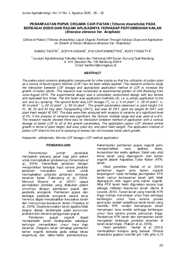 (PDF) PEMANFAATAN PUPUK ORGANIK CAIR PAITAN (Tithonia diversifolia) PADA BERBAGAI DOSIS DAN ...