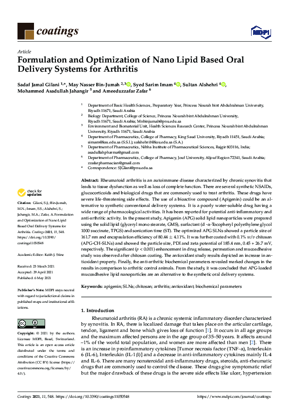 Pdf Formulation And Optimization Of Nano Lipid Based Oral Delivery Systems For Arthritis