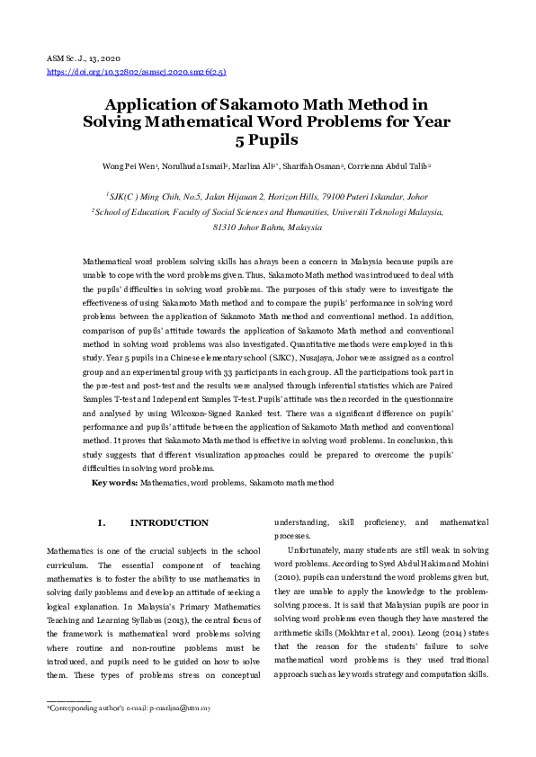 (PDF) Application of Sakamoto Math Method in Solving Mathematical Word ...