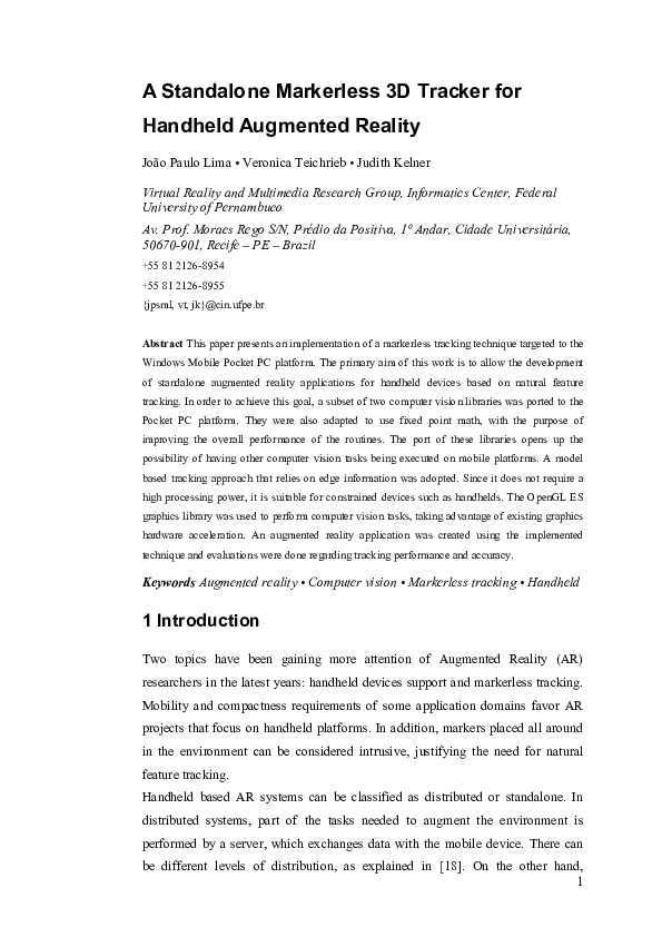 (PDF) A Standalone Markerless 3D Tracker for Handheld Augmented Reality