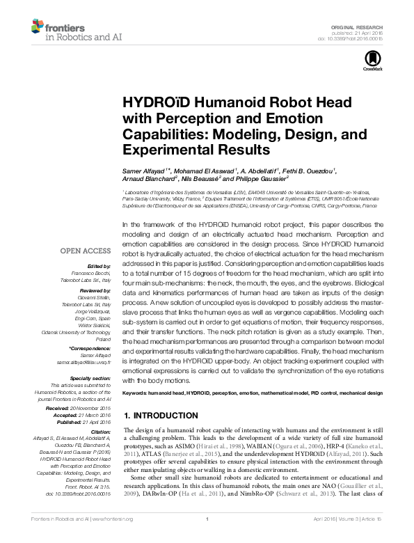 (PDF) HYDROïD Humanoid Robot Head with Perception and Emotion Capabilities: Modeling, Design ...