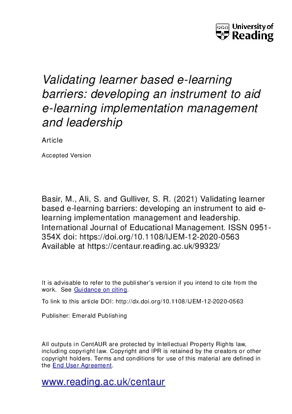 (PDF) Validating learner-based e-learning barriers: developing an instrument to aid e-learning ...