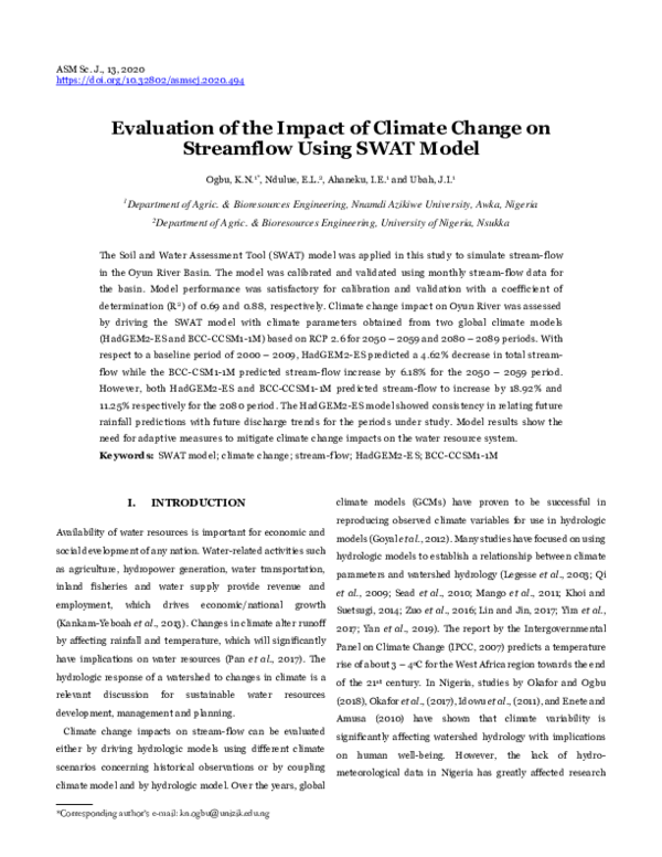 (PDF) Evaluation of the Impact of Climate Change on Streamflow Using SWAT Model | Kingsley ...