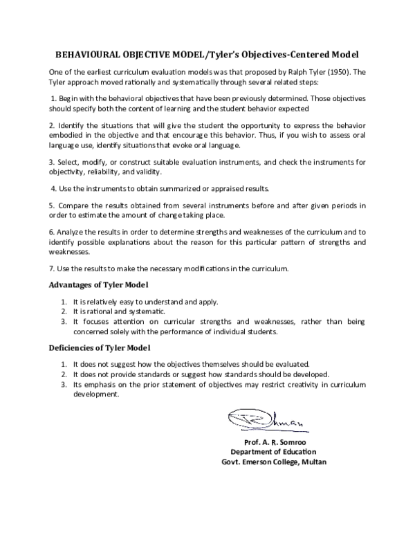 (DOC) BEHAVIOURAL OBJECTIVE MODEL/Tyler's Objectives-Centered Model