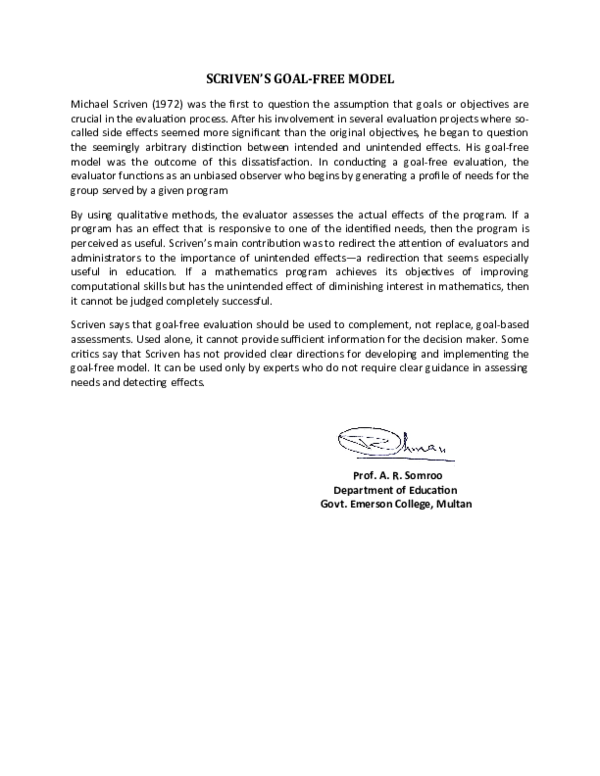 (DOC) SCRIVEN'S GOAL-FREE MODEL