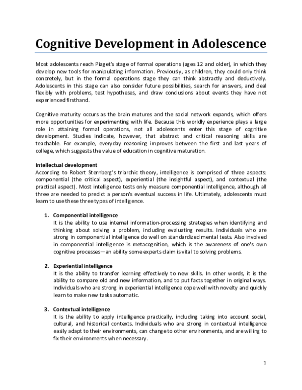 (PDF) Cognitive Development in Adolescence