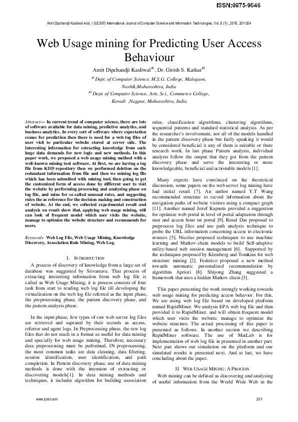 Pdf Web Usage Mining For Predicting User Access Behaviour Dr Amit 9154