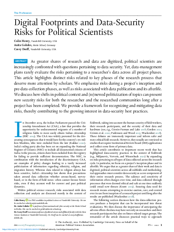 Pdf Digital Footprints And Data Security Risks For Political Scientists