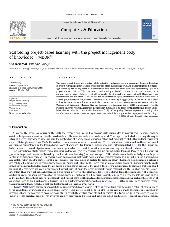 (PDF) Scaffolding project-based learning with the project management body of knowledge (PMBOK®)